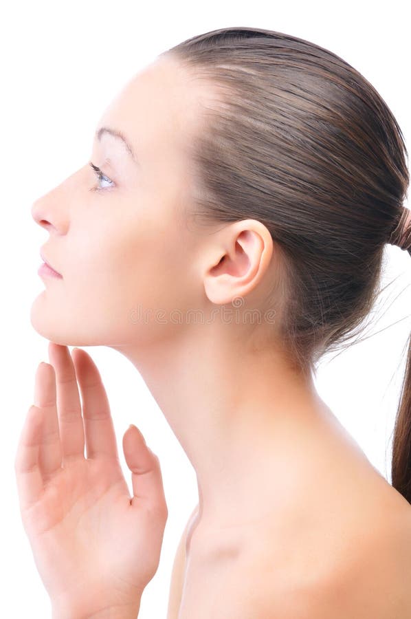 Side View of a Woman Touching Her Face Stock Image - Image of caucasian ...