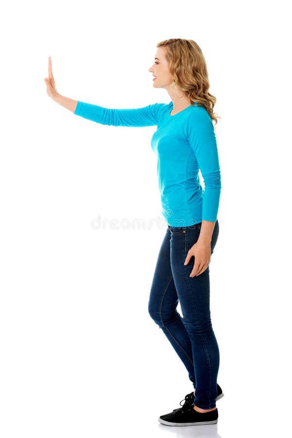 Side View Woman Touching Imaginary Screen Stock Image - Image of future ...
