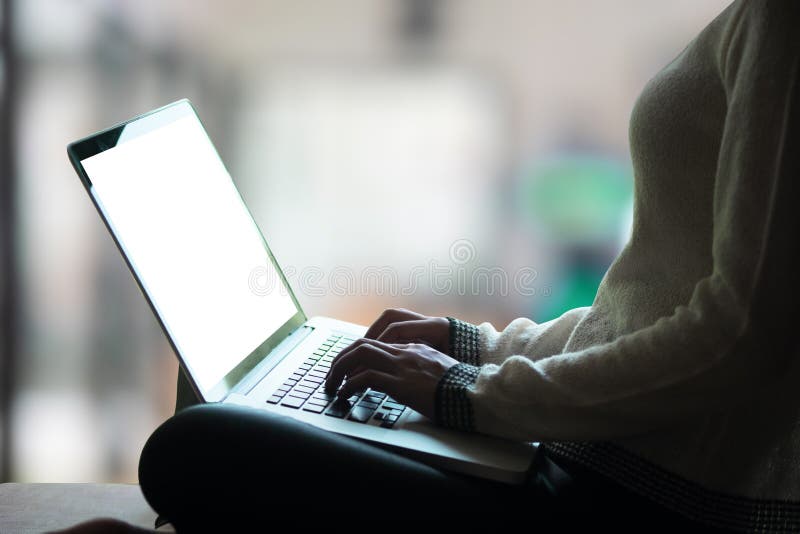 Side View Woman Using Mockup Laptop Computer. Stock Photo - Image of ...