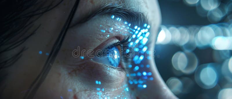 Side View of a Womans Eye with Glowing Blue Cyber Patterns, Symbolizing ...