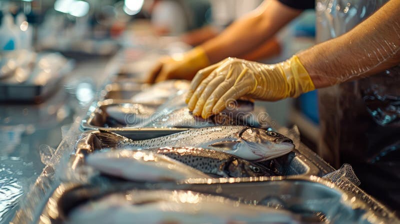 Side View of a Worker Arranging Fish in Trays on a Production Line ...