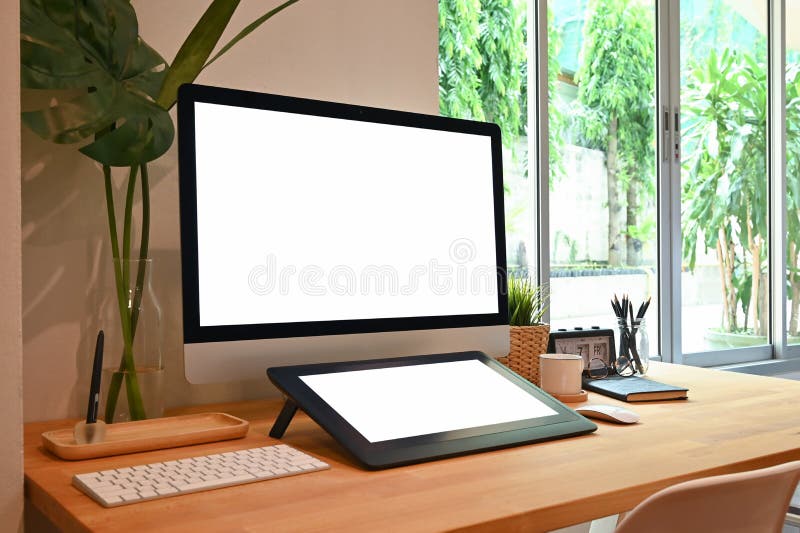 Side View Workspace Creative Desk : Mockup Computer and Digital Table ...
