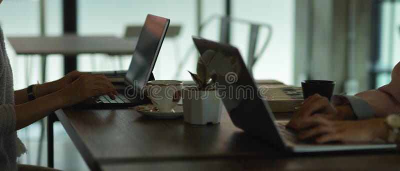 Worktable Win Cowering Space with Two People Working with Laptop Stock ...