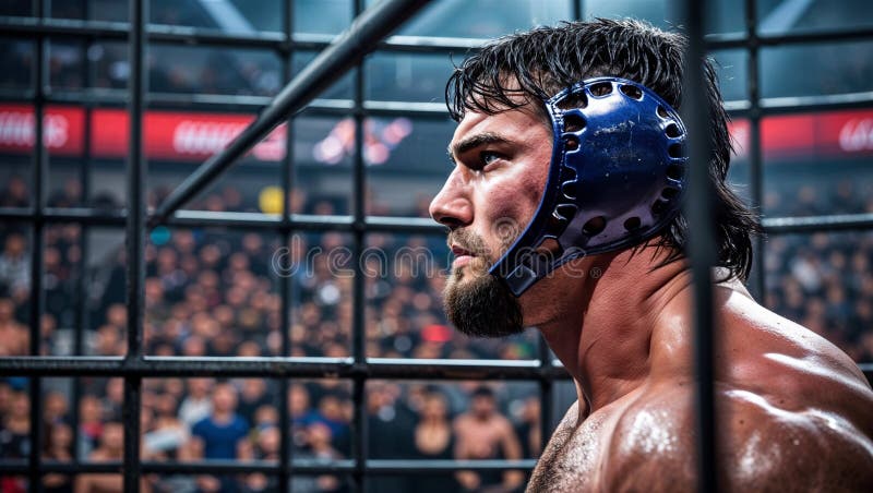 Side View of a Wrestling Match Inside Metal Cage with Crowd in ...