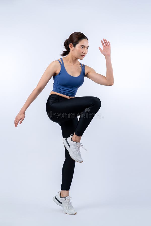 Side View Young Athletic Asian Woman on Running Posture. Vigorous Stock ...