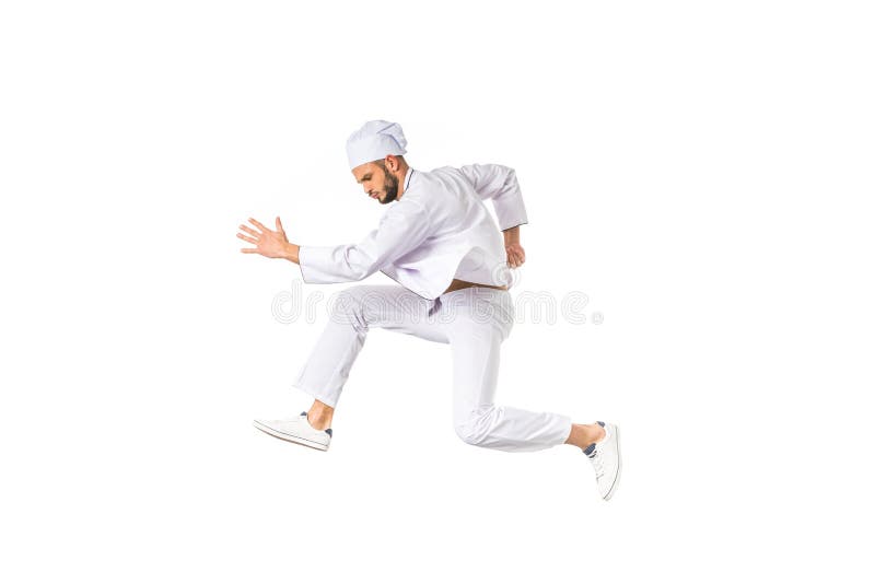 Side View of Young Chef Running and Jumping Stock Image - Image of ...
