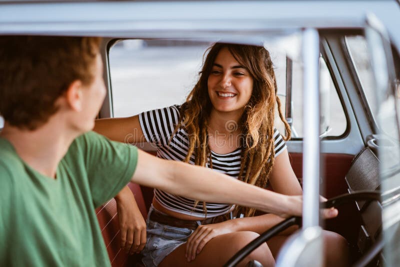 Side View of Young Couple Inside Car Stock Image - Image of friendship ...