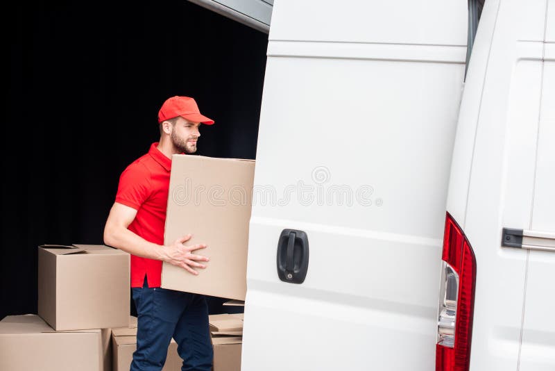 Side View of Young Delivery Man Stock Photo - Image of caucasianman ...