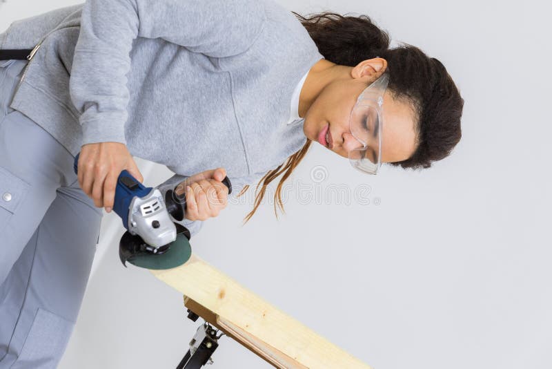 Side View Young Female Carpenter Cutting Wood with Tablesaw Stock Photo ...