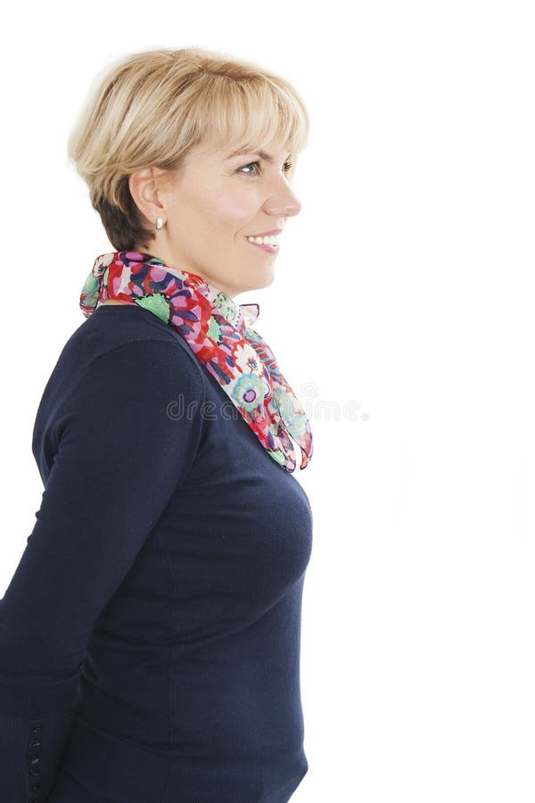 Side View of a Young Smiling Woman on White Background. Isolated Stock ...