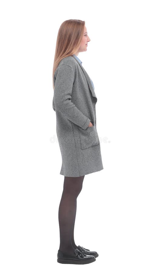 Side View. a Young Woman in a Gray Coat Stock Photo - Image of person ...