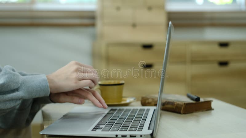 Side View of Young Woman Hands Typing on Keyboard of Laptop. People ...