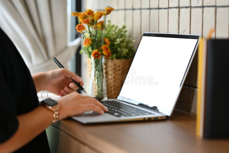 Side View of Young Woman Holding Pen and Typing on Laptop with Empty ...