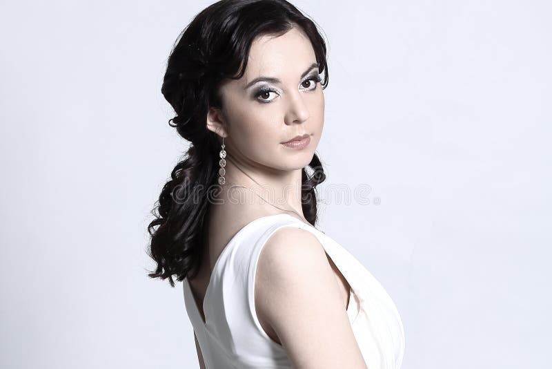 Side View. Young Woman Model in White Dress Stock Photo - Image of ...