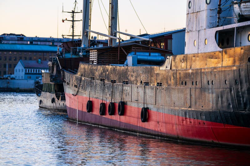Side of a Vintage Freight Ship at Port.. Stock Image - Image of white ...