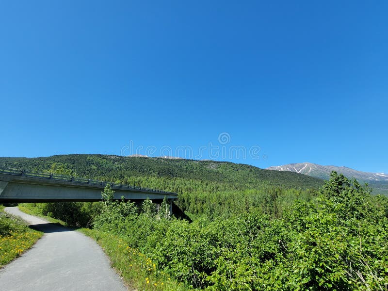 Side Walk Going Under a Bridge with Mountain Forest Blue Sky S in the ...
