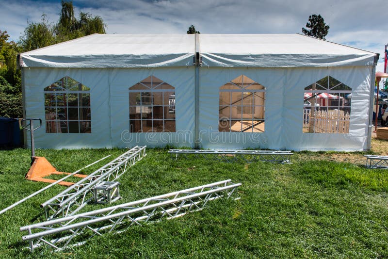 Side of White Tent with Windows and Grass Stock Image - Image of awning ...