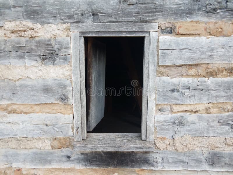 Side of Wood Cabin with Cement and Open Window Stock Image - Image of ...
