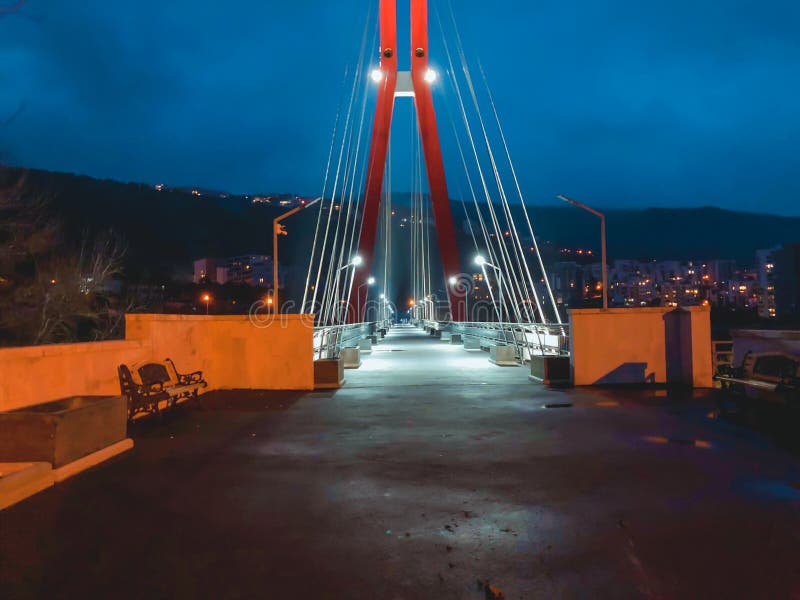 Sidewalk Area Going through a Cable-stayed Bridge with Big Steel Cables ...