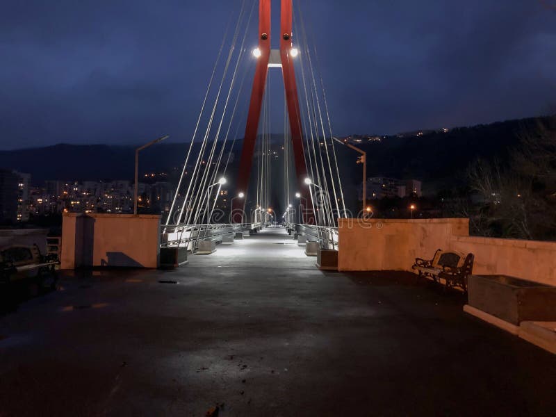 Sidewalk Area Going through a Cable-stayed Bridge with Big Steel Cables ...