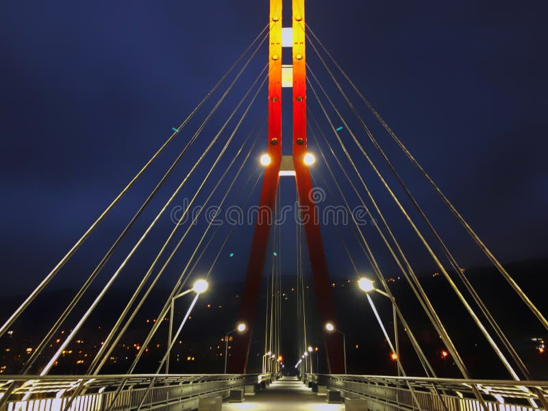 Sidewalk Area Going through a Cable-stayed Bridge with Big Steel Cables ...