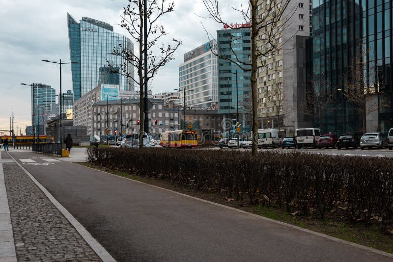 Sidewalk and Bicycle Path on the Background of Office Buildings ...