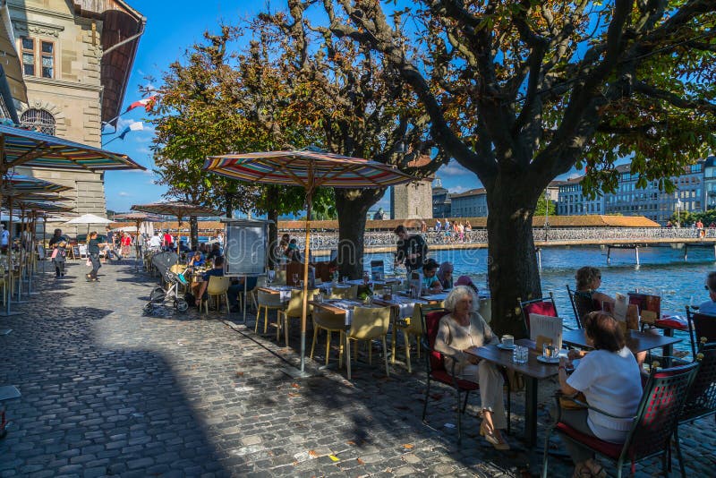 Cafe in Lucerne, Switzerland. Editorial Photo - Image of cloud ...