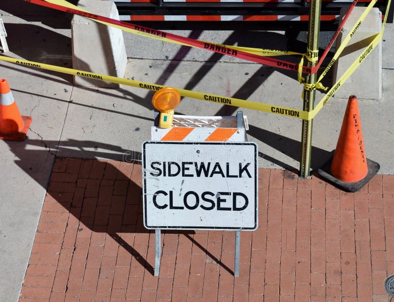 Sidewalk Closed Construction Sign Stock Image - Image of black, walking ...