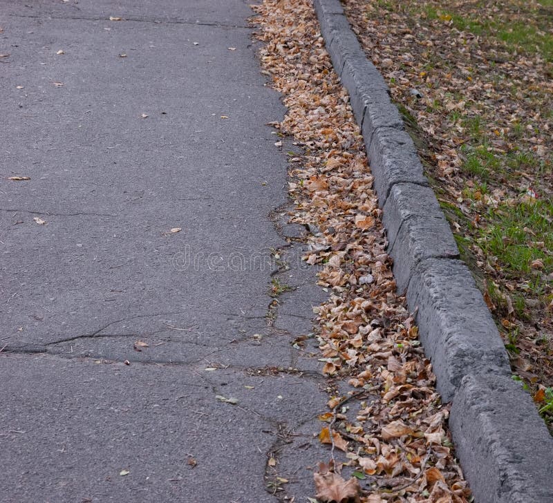 Sidewalk, Curb and Lawn are Covered with Autumn Leaves Stock Photo ...