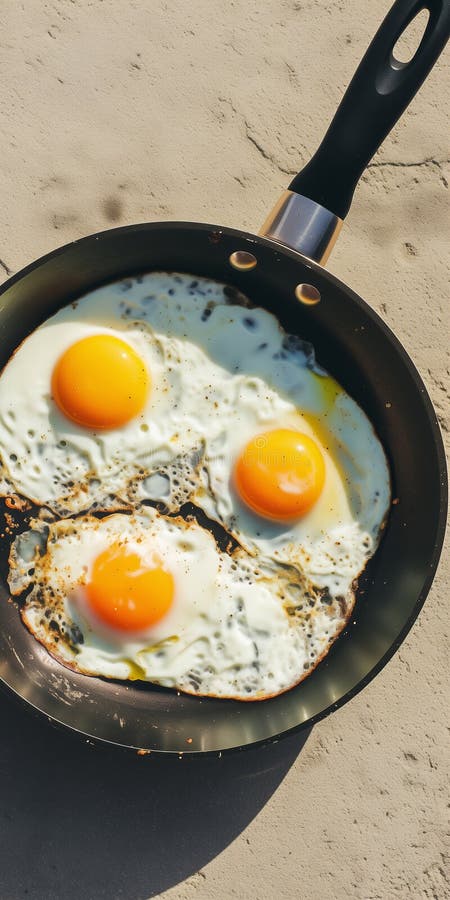 Sidewalk Egg Frying Day: Pan with Three Fried Eggs, Banner Copy Space ...
