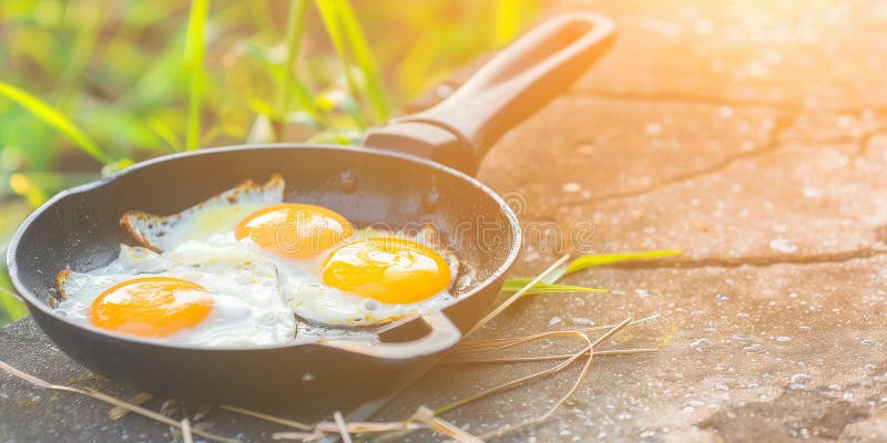 Sidewalk Egg Frying Day: Pan with Three Fried Eggs, Banner Copy Space ...