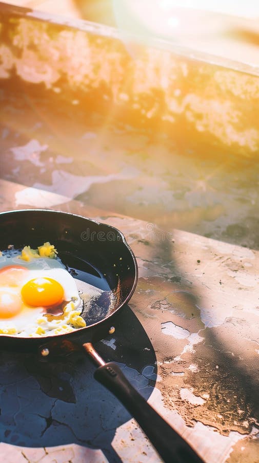 Sidewalk Egg Frying Day: Pan with Three Fried Eggs, Banner Copy Space ...
