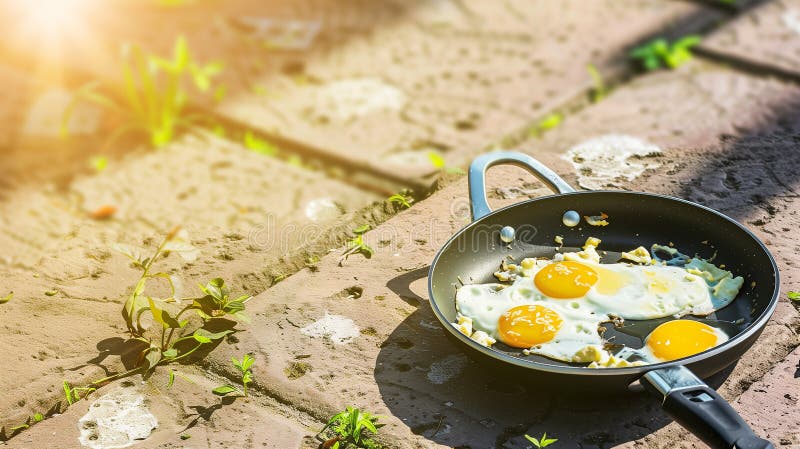 Sidewalk Egg Frying Day: Pan with Three Fried Eggs, Banner Copy Space ...