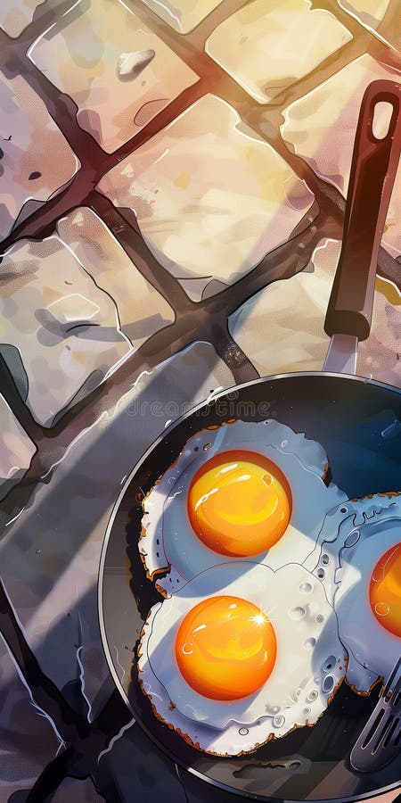 Sidewalk Egg Frying Day: Pan with Three Fried Eggs, Banner Copy Space ...
