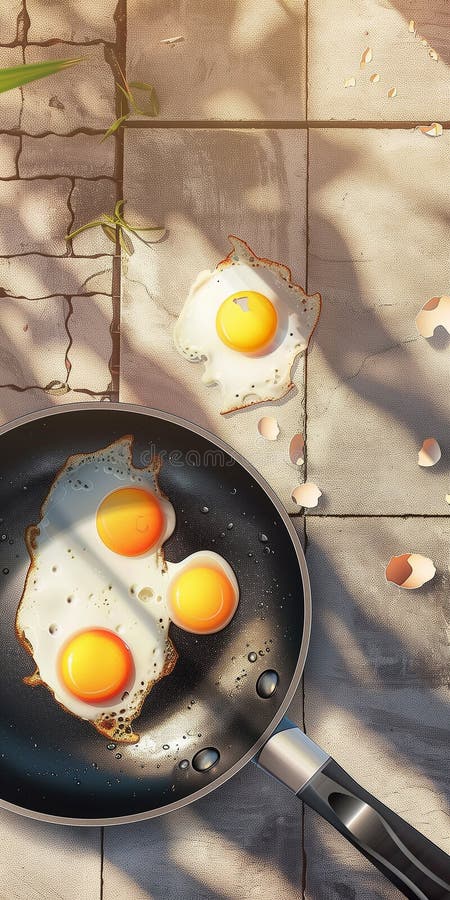 Sidewalk Egg Frying Day: Pan with Three Fried Eggs, Banner Copy Space ...