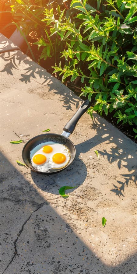 Sidewalk Egg Frying Day: Pan with Three Fried Eggs, Banner Copy Space ...