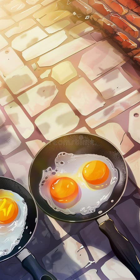 Sidewalk Egg Frying Day: Pan with Two Fried Eggs, Banner Copy Space ...