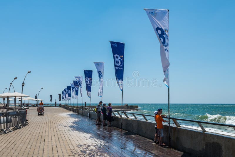 Sidewalk and Flags at the Tel Aviv Port in Israel Editorial Stock Photo ...