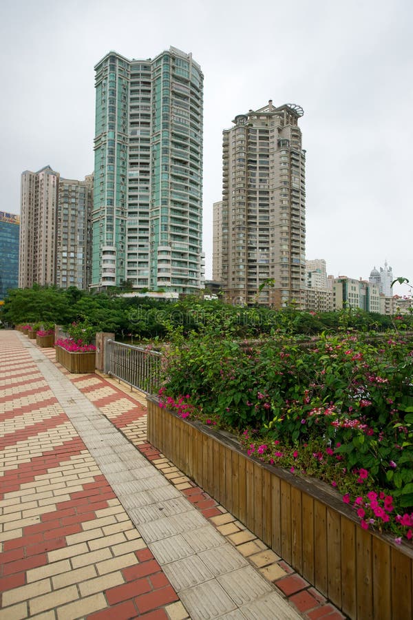 Sidewalk with High Rise Buildings Stock Image - Image of cityscape ...