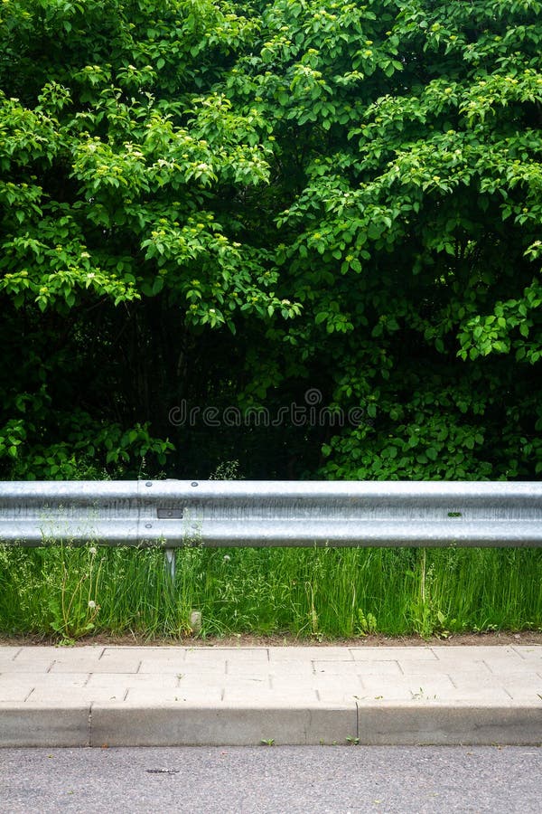 Sidewalk, Highway Guard Rail, Green Grass and Bushes Stock Image ...