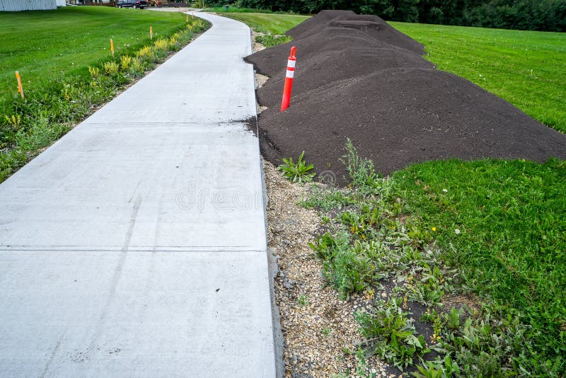 Sidewalk Landscaping with Topsoil Stock Image - Image of topsoil ...