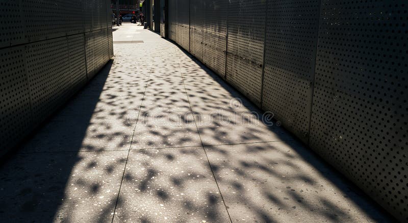 Sidewalk Path with Leaf Shadows and Perforated Metal Walls on Sunny Day ...