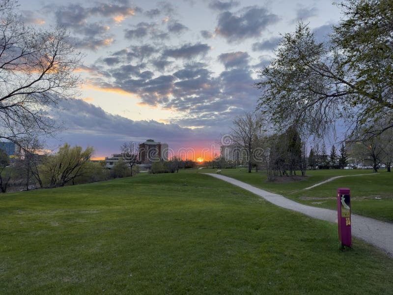 Sidewalk Path through the Park Against the Backdrop of the Sunset Stock ...