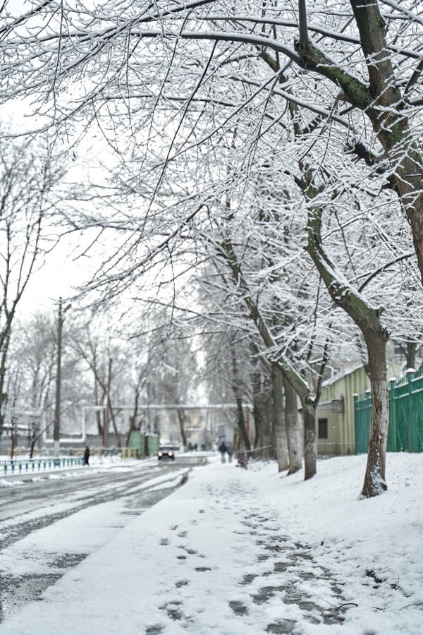 Sidewalk and Road Outdoors Covered with Snow in Winter Stock Image ...