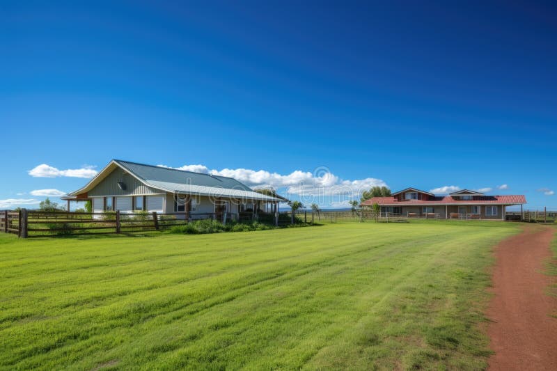 Sideways Angle Shot of a U-shaped Ranch Under a Blue Sky Stock Image ...
