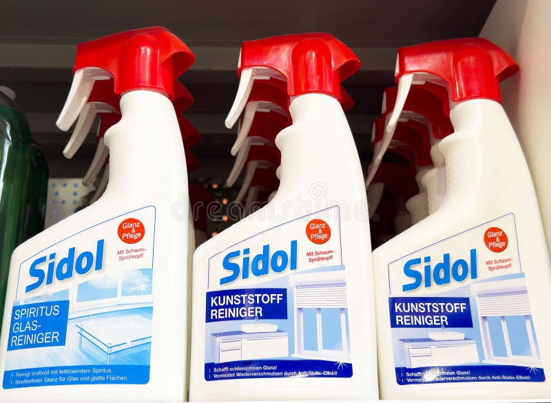 Sidol Cleaning Products Display on Store Shelf with Red Spray Nozzles ...