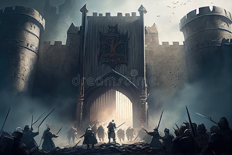 A Siege, with Attackers Using Battering Rams To Break Down Fortress ...