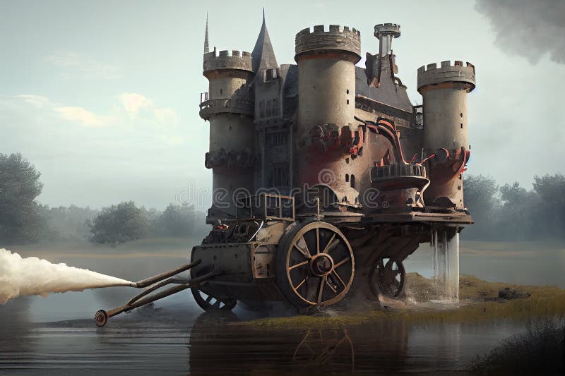 Siege Engine Approaches the Moat of a Castle, Ready To Fire Its Payload ...