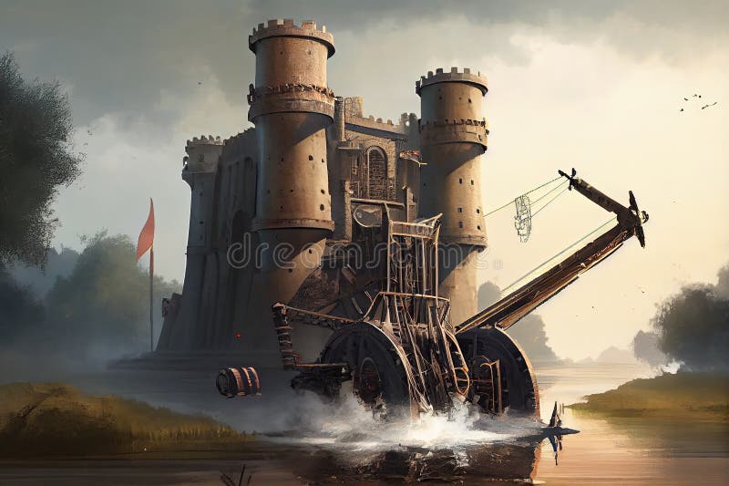 Siege Engine Approaches the Moat of a Castle, Ready To Fire Its Payload ...