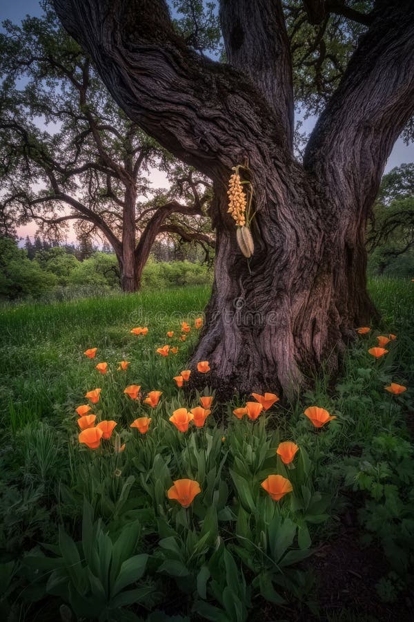 In the Sierra Foothills, Spring Poppies and Oak Trees Flourish Stock ...